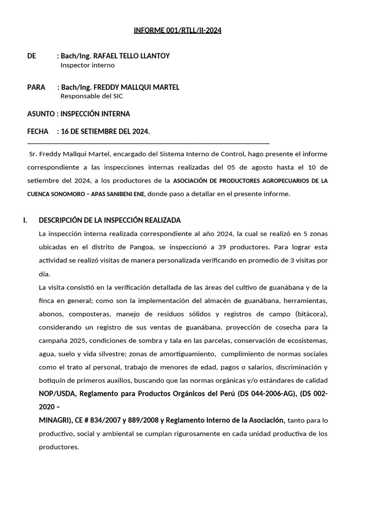 Informe de Inspeccion Interna de Guanabana Rafael Tello 2024 . | PDF | Entorno natural