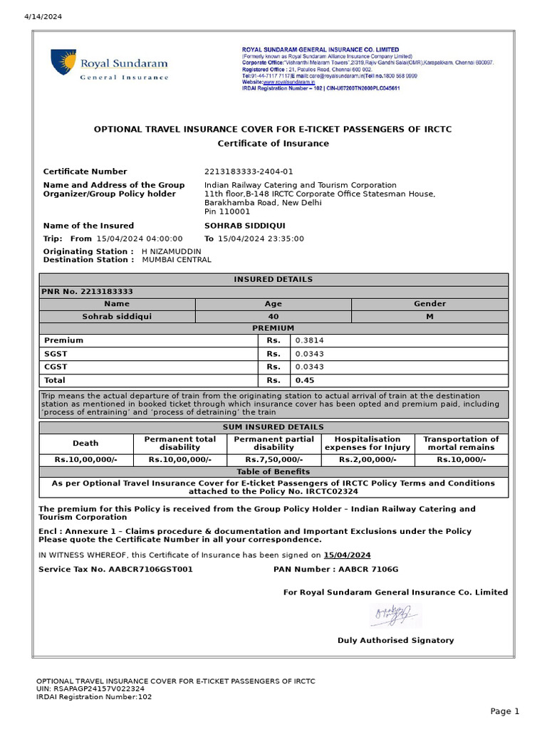 IRCTC E-Ticket Travel Insurance Certificate | PDF | Insurance | Physician