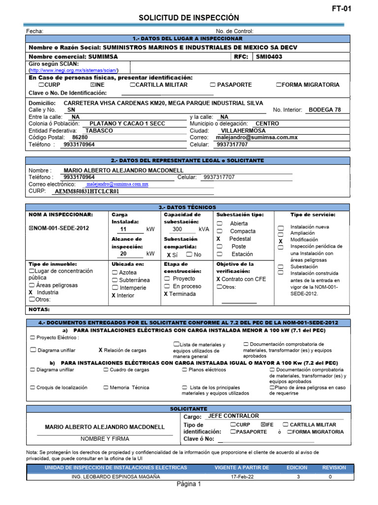 SOLICITUD DE INSPECCION B78 | PDF