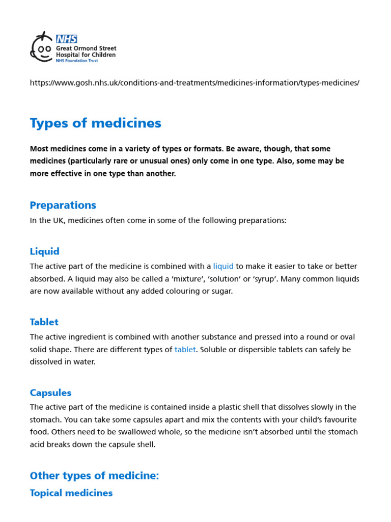 Types of Medicines - Great Ormond Street Hospital | PDF | Tablet ...