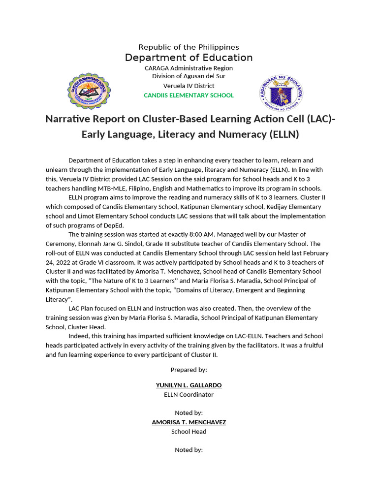 Narrative Report On ELLN 2022 | PDF | Literacy | Teachers