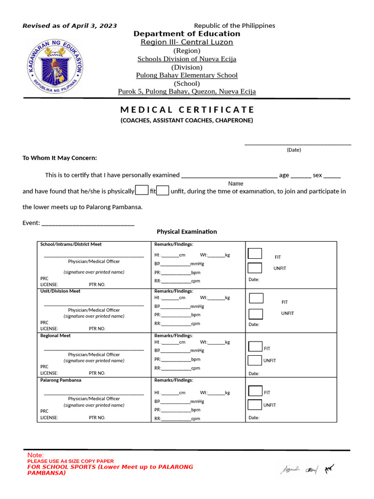 Medical Certificate For Coaches Asst. Coaches Chaperons 1 | PDF ...