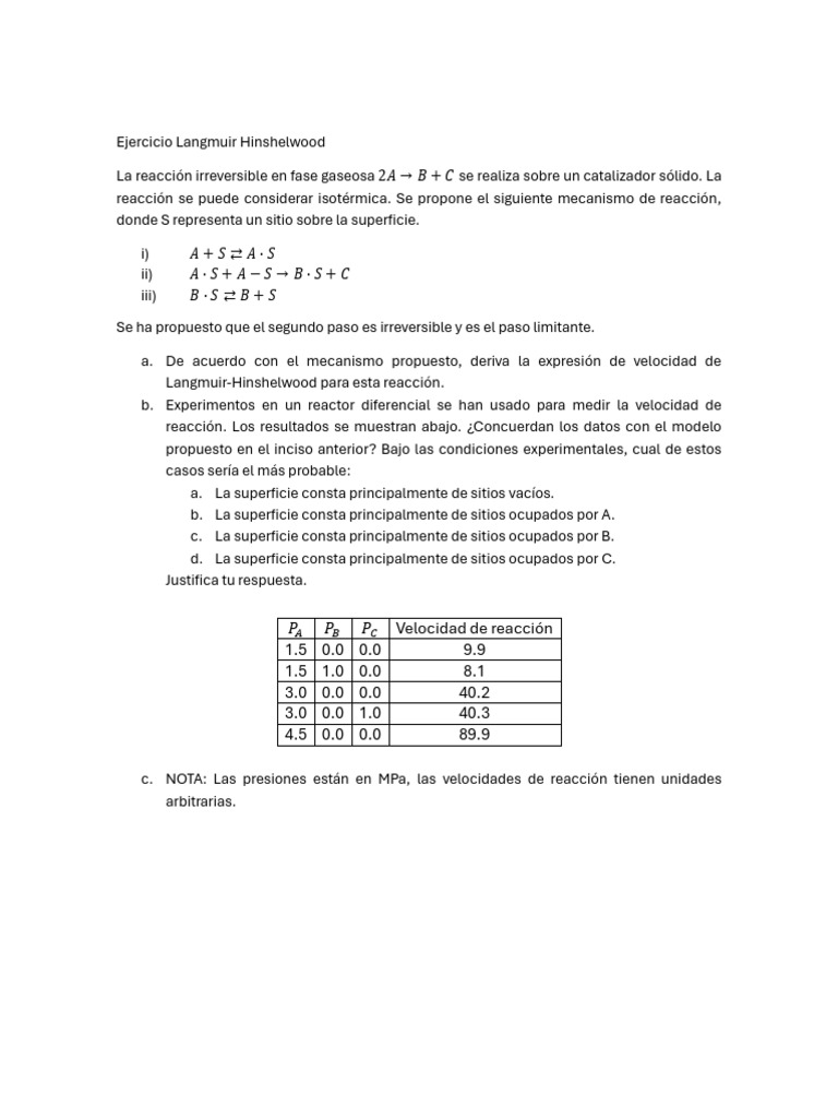 03 Ejercicio Langmuir Hinshelwood | PDF