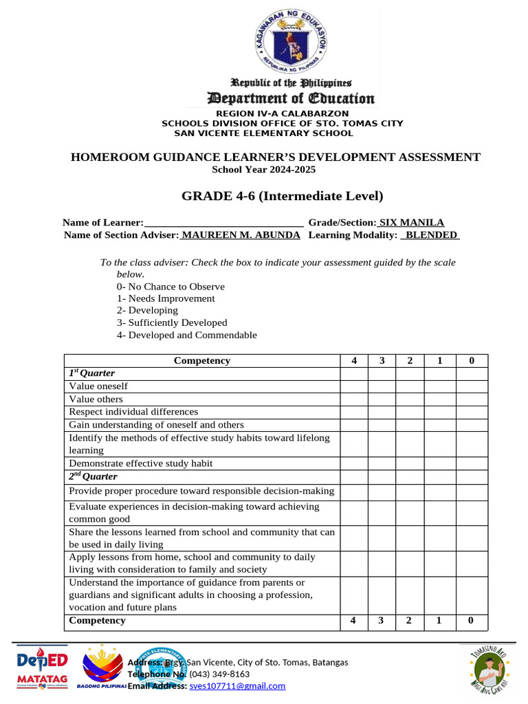 HOMEROOM GUIDANCE LEARNERS DEVELOPMENT ASSESSMENT Grade 4 6 ...