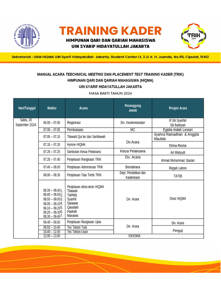 Manual Acara Technical Meeting HIQMA 2024 | PDF