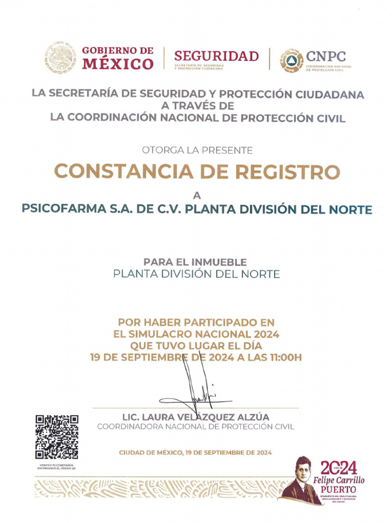 Constancia Simulacro 19-Sep-24 Cedprof | PDF