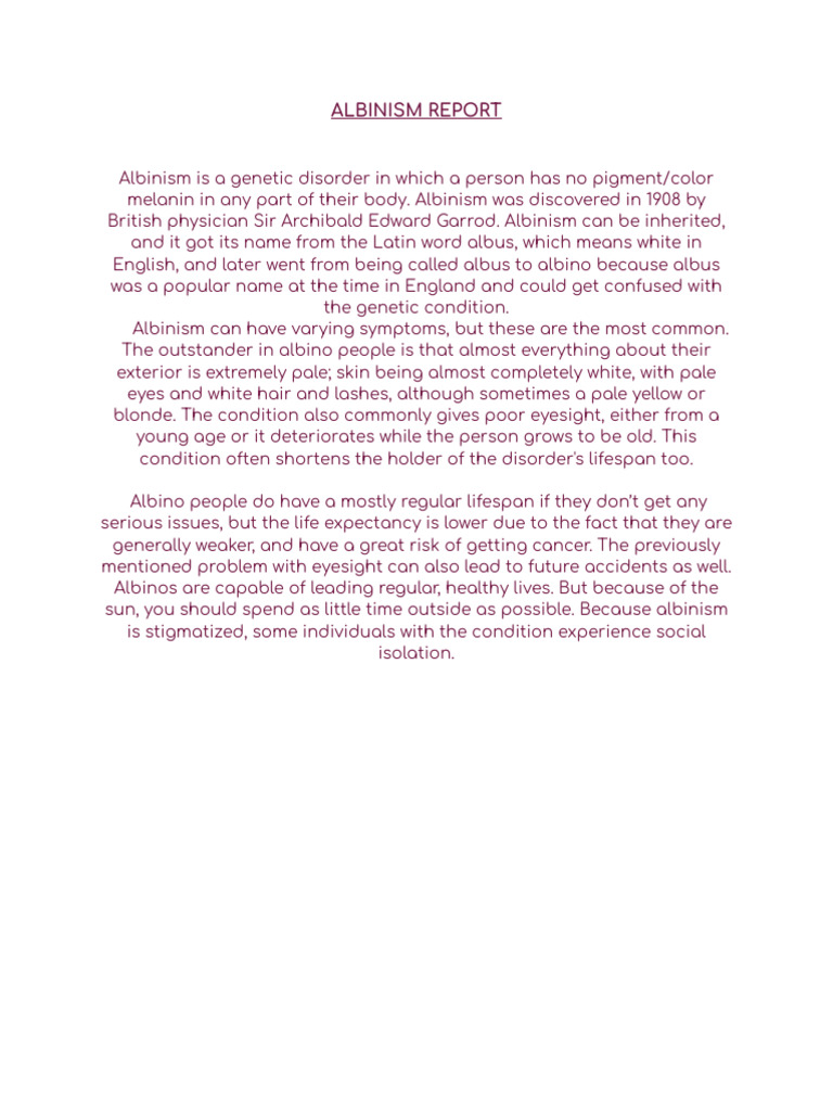 Albinism Genetic Disease Report - Ashlyn 2 | PDF | Wellness | Lifestyle
