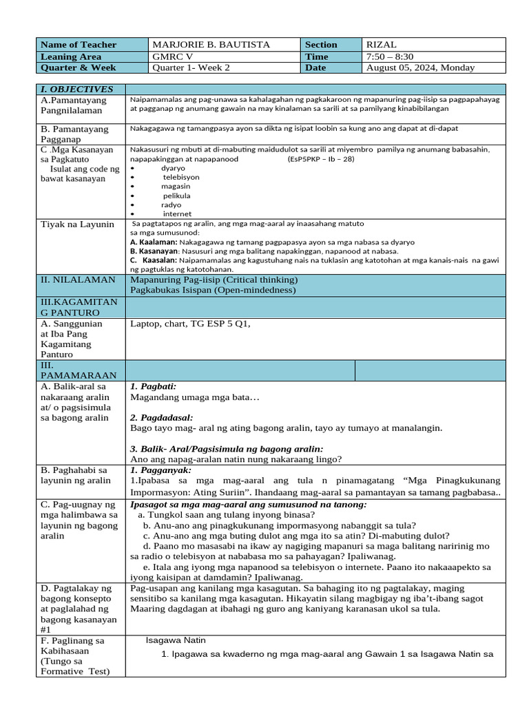 I. Objectives: Name of Teacher Section Leaning Area Time Quarter & Week ...