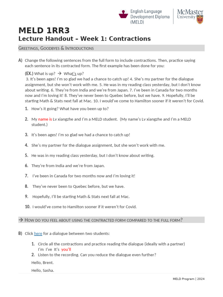 Contractions Handout - Week 1 | PDF