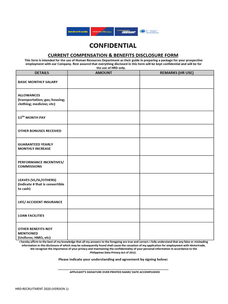 Current Compensation Benefits Disclosure Form 2020 | PDF