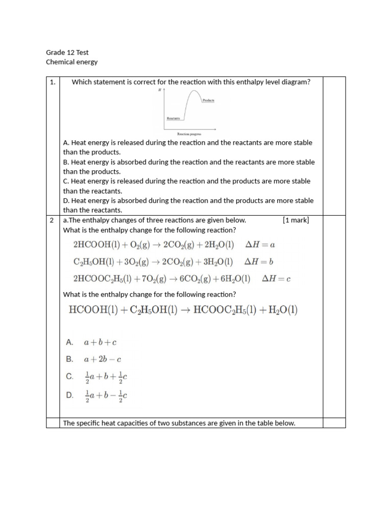Grade 12 Test On Thermodynamic IBDP | PDF