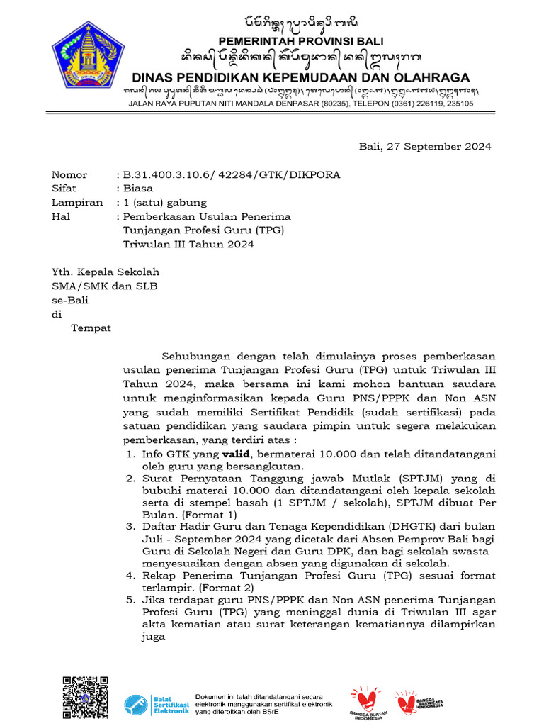 Surat Pemberkasan TPG TW III 2024 | PDF