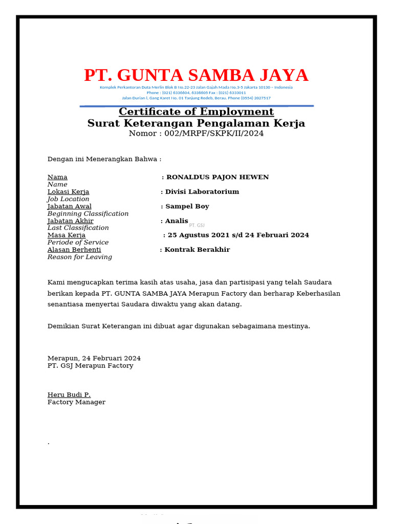 Surat Pengalaman Kerja PT Gunta Samba Jaya | PDF