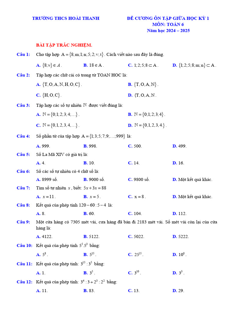 De Cuong Giua Hoc Ki 1 Toan 6 Nam 2024 2025 Truong Thcs Hoai Thanh Binh Dinh | PDF