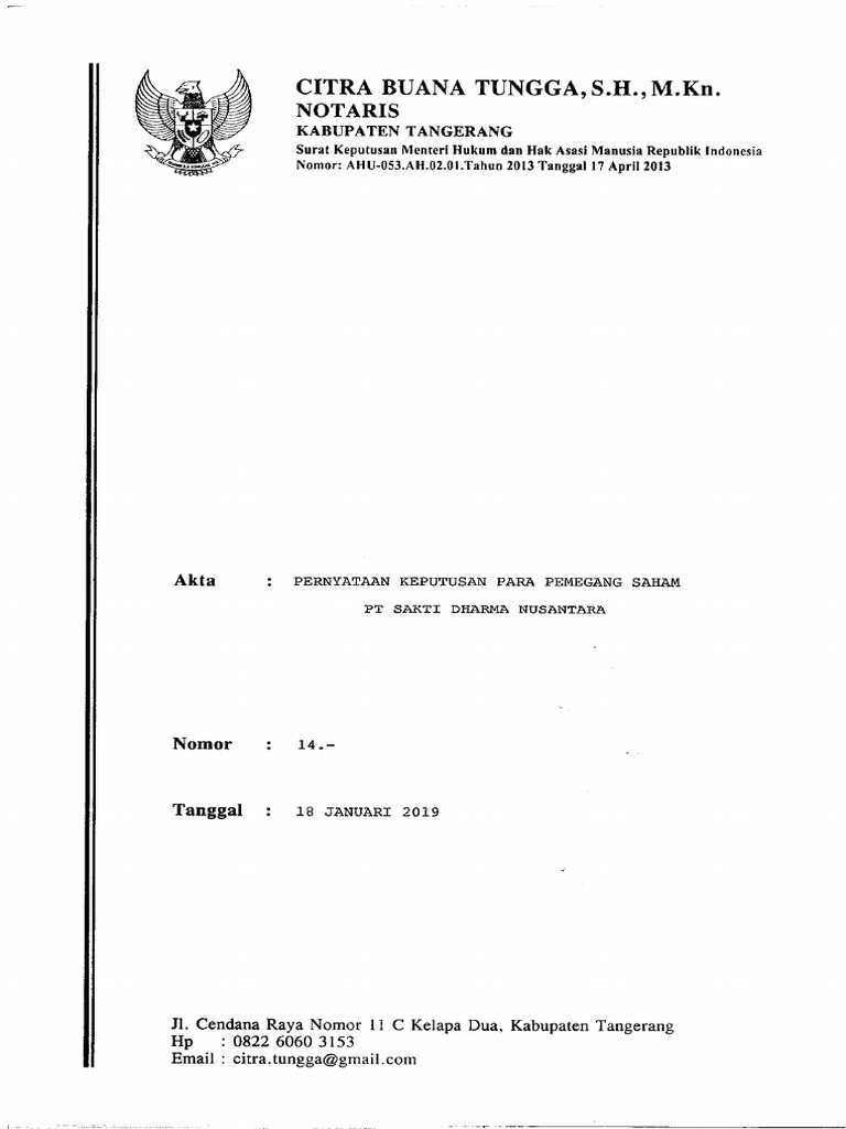 14 JANUARI 2019 AKTA PKR PT SAKTI DHARMA NUSANTARA (Akuisisi - Bod) | PDF