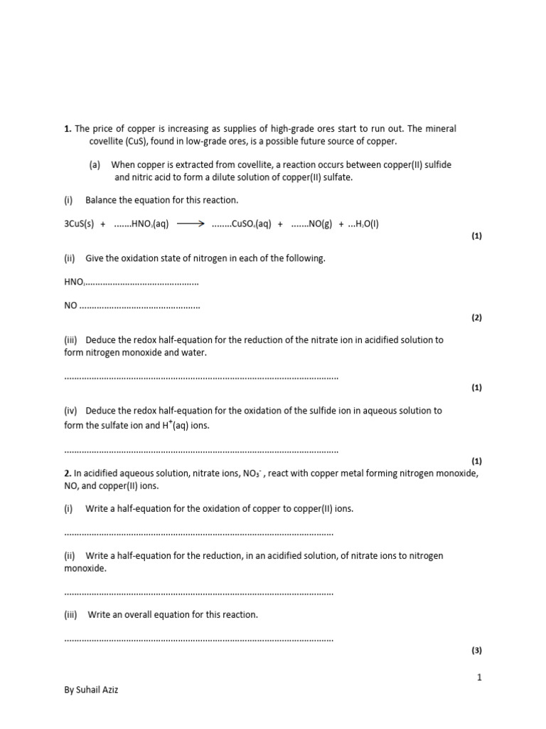Assignment No. 1 (Redox Reactions) | PDF | Redox | Copper