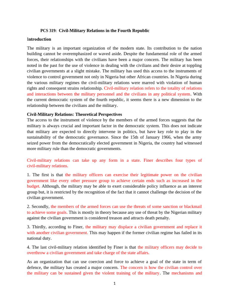 PCS 319 Civil Military Relation New Note | PDF | Military | Nigeria
