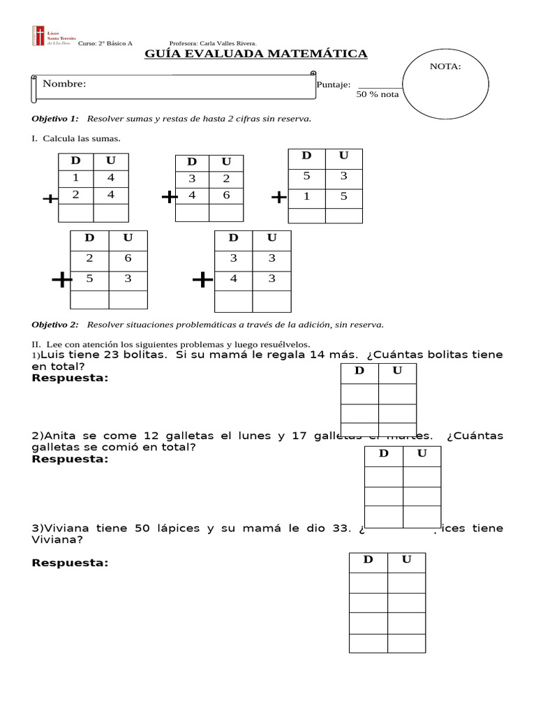 Prueba matematica,sumas | PDF