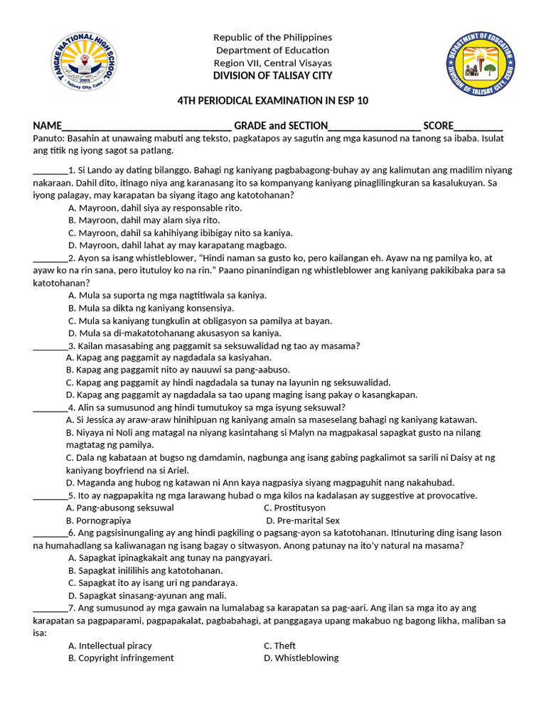 Division of Talisay City 4Th Periodical Examination in Esp 10 NAME - GRADE and SECTION - SCORE | PDF