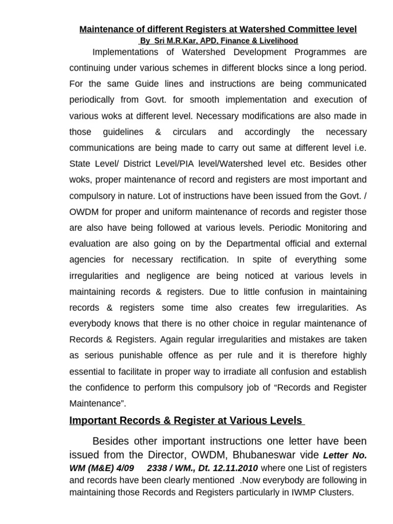 Maintence of Records & Registers.Shri M.R.kar | PDF | Cheque | Economies