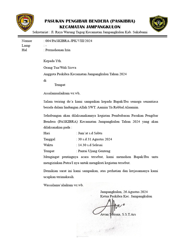 Surat Izin Kegiatan Paskibra 2024 | PDF