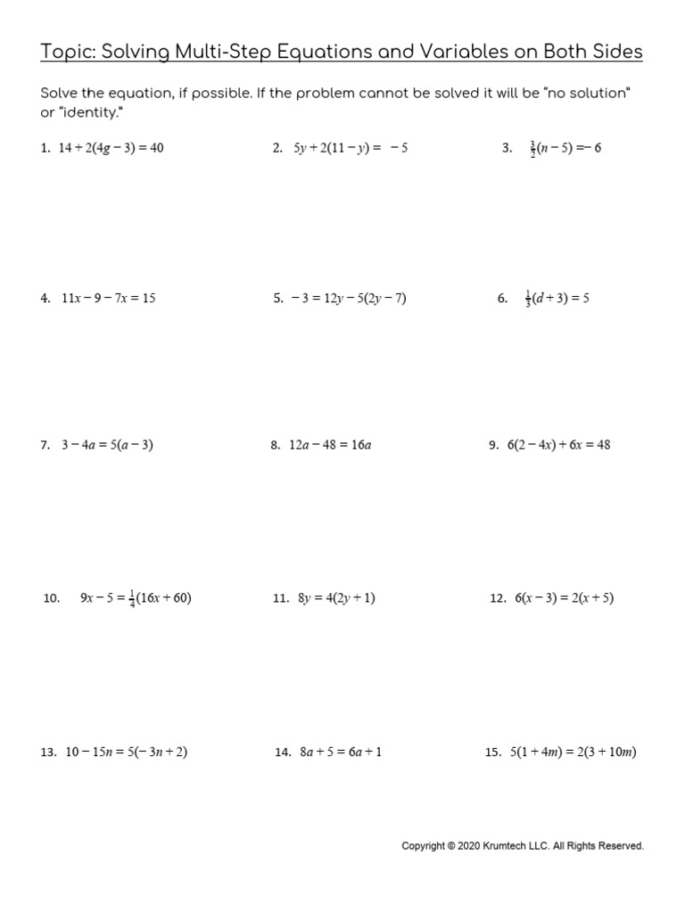 Solving Multi Step Equations Variables Both Sides 8 | PDF | Teaching ...