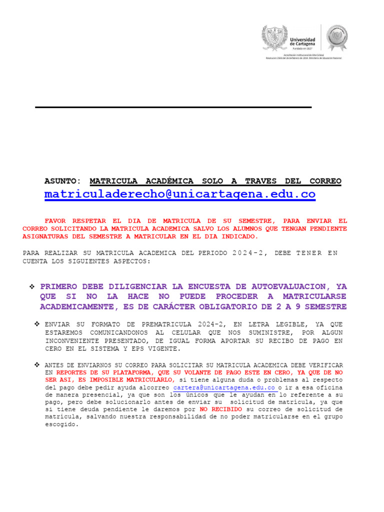 Circular De Fechas De Matriculas Del Segundo Periodo Academico 2024 2