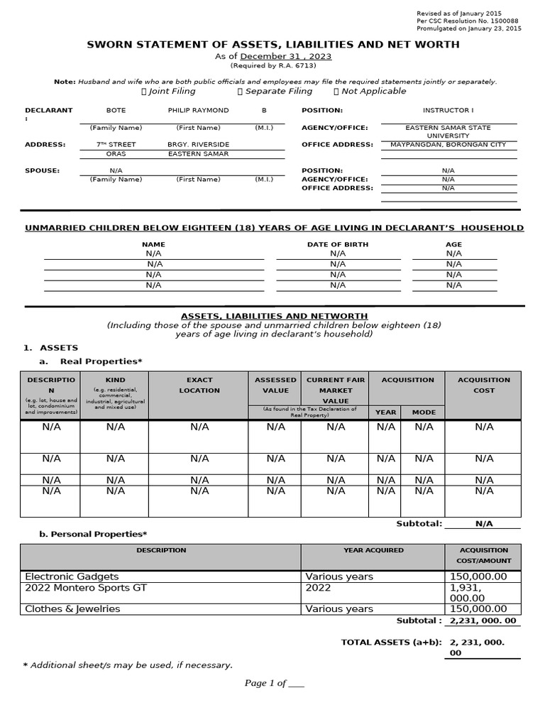 2023-SALN-Form | PDF | Money | Business Economics