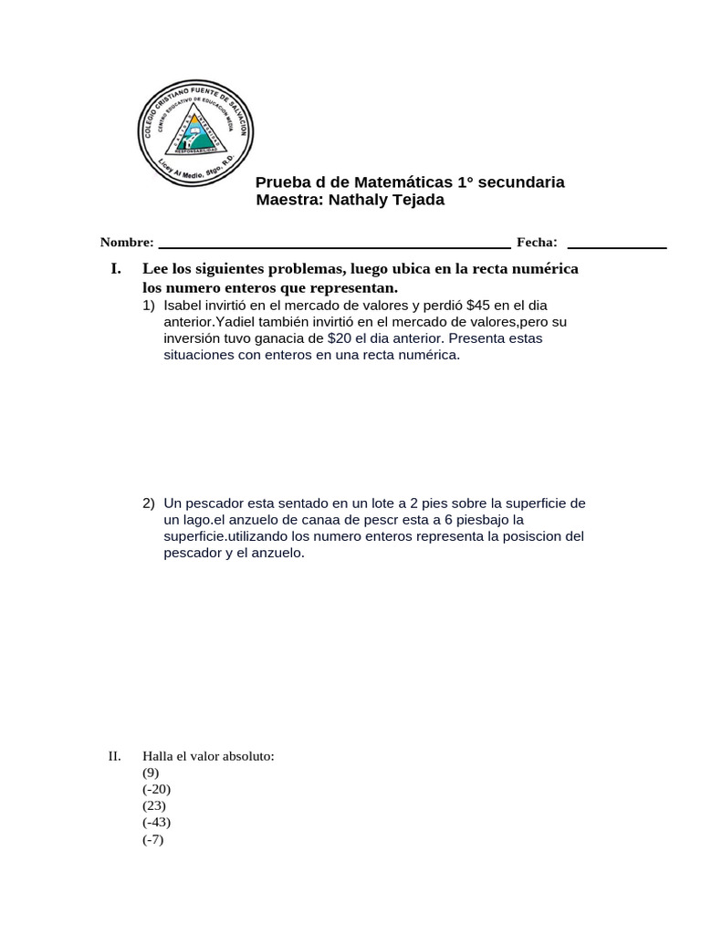Prueba D de Matemáticas 1ro | PDF