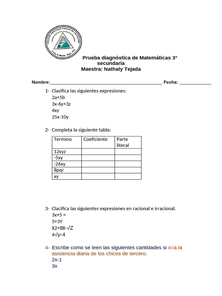 Prueba Diagnóstica de Matemáticas 3ro | PDF