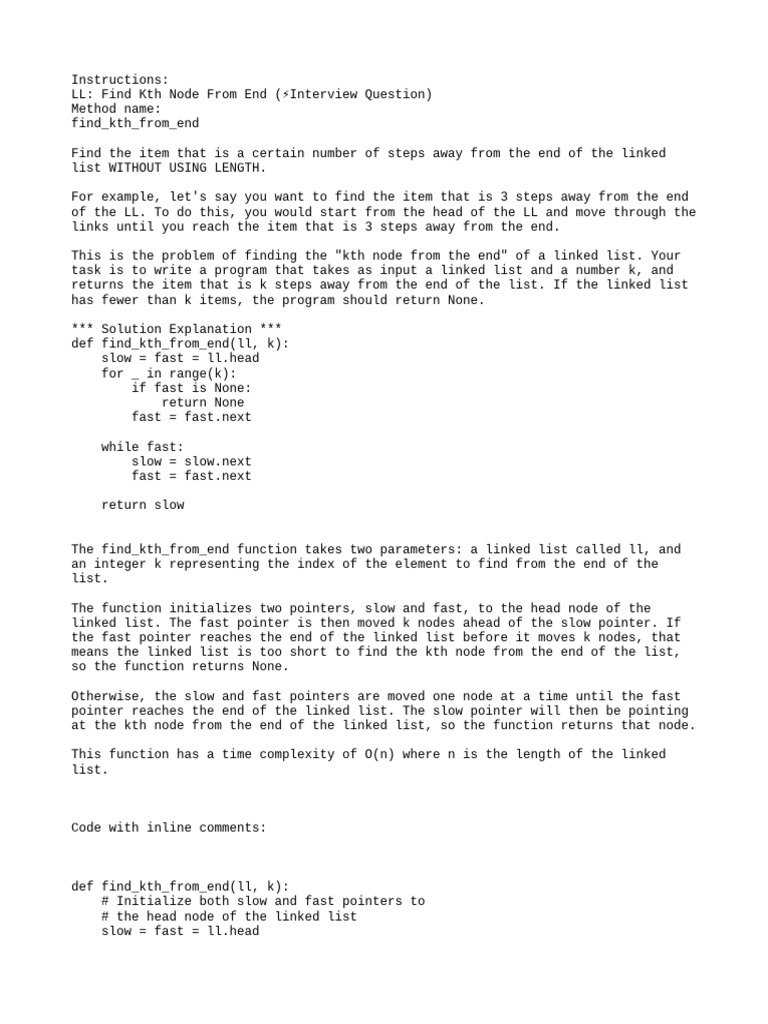 Coding Exercise 14 Ll Find Kth Node From End Interview Question Pdf Computer Data