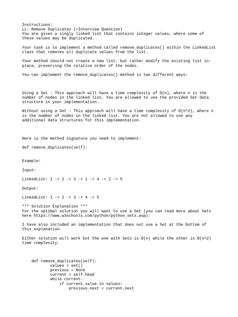 Coding Exercise 13 Ll Remove Duplicates Interview Question Pdf