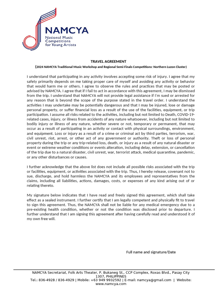 NAMCYA Travel Agreement 2024 | PDF | Crimes | Crime & Violence