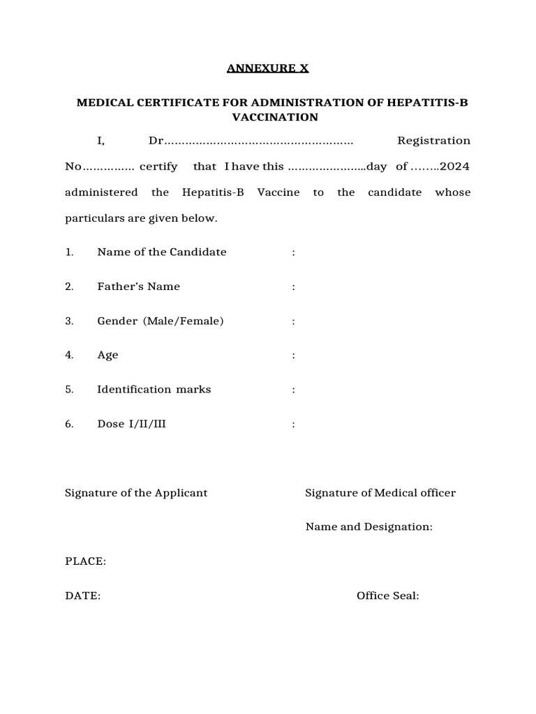 Hepatitis B Vaccination Certificate Form | PDF