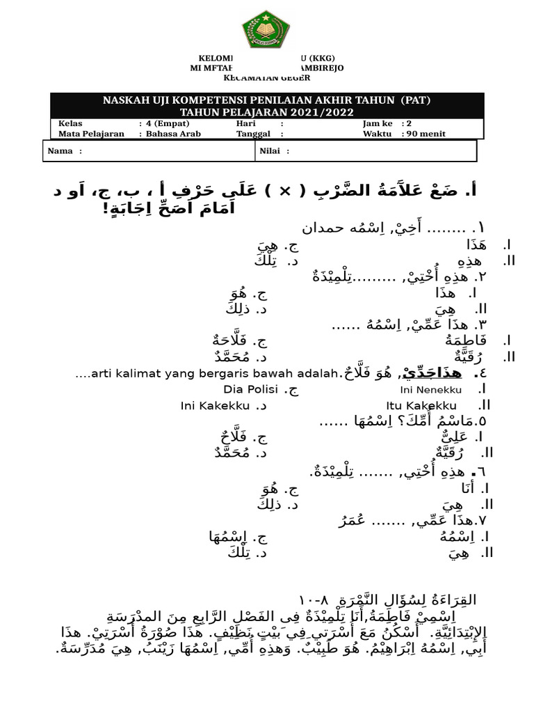 4 Soal PAS Bahasa Arab Kelas 4 | PDF