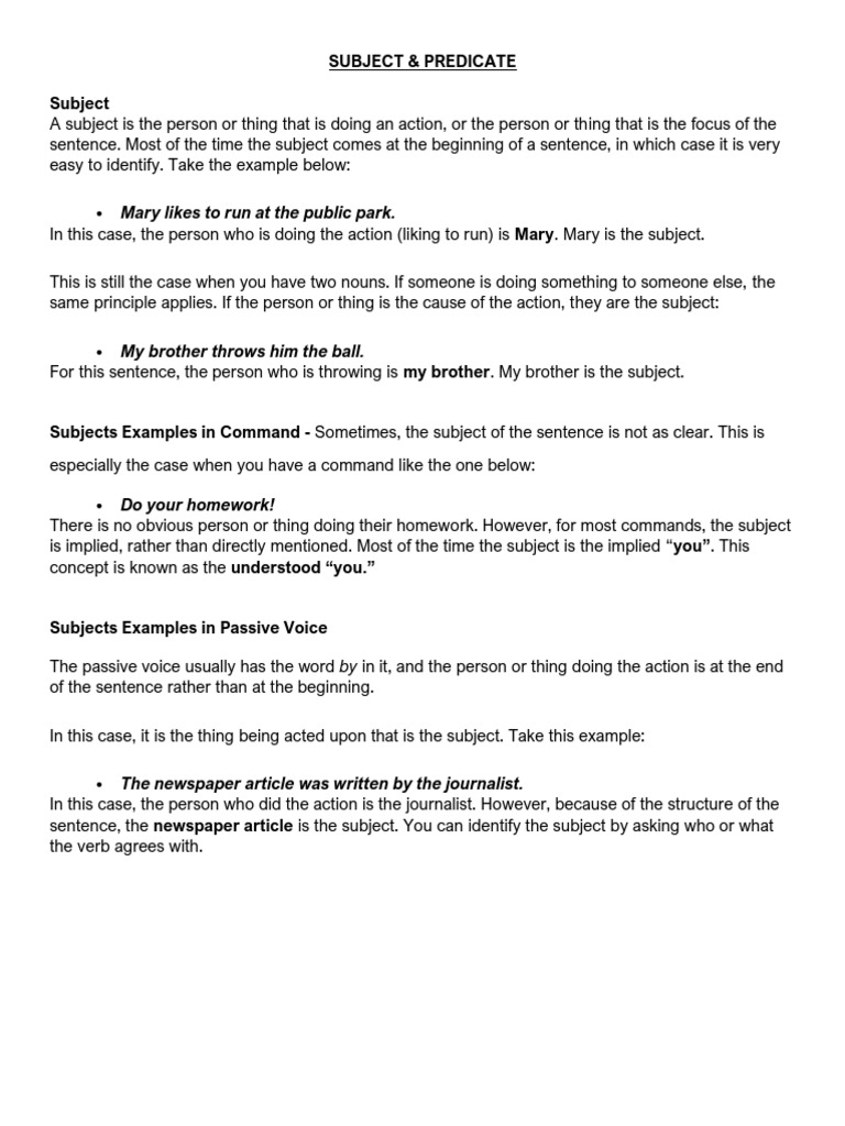 SUBJECT & PREDICATE | PDF | Subject (Grammar) | Sentence (Linguistics)