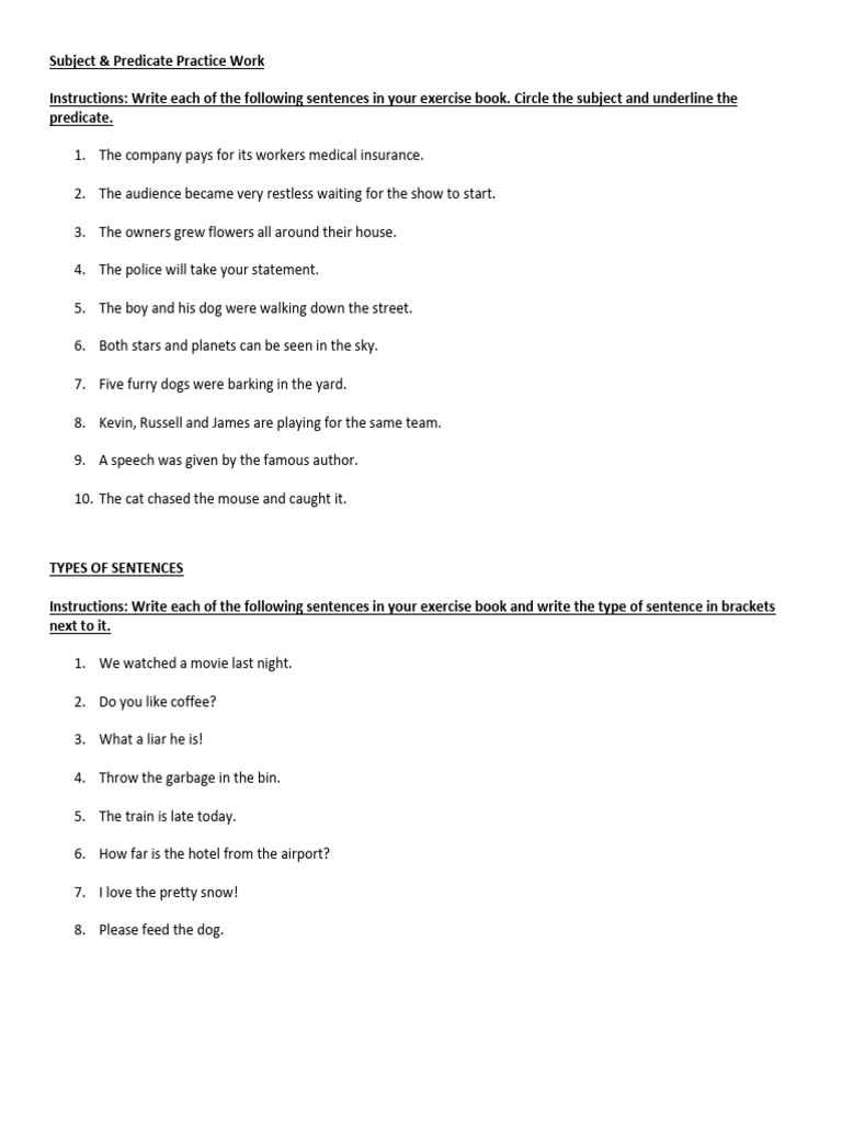 Subject & Predicate Practice Work | PDF
