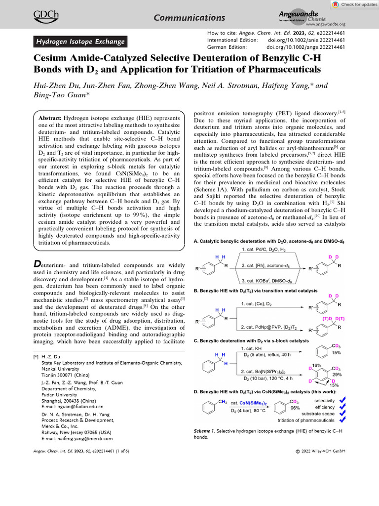 Angew Chem Int Ed - 2022 - Du - Cesium Amide‐Catalyzed Selective Deuteration of Benzylic C‐H ...