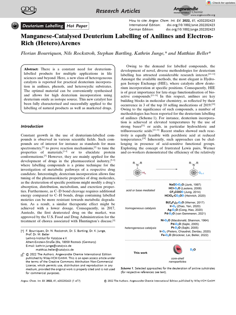 Angew Chem Int Ed - 2022 - Bourriquen - Manganese Catalysed Deuterium ...