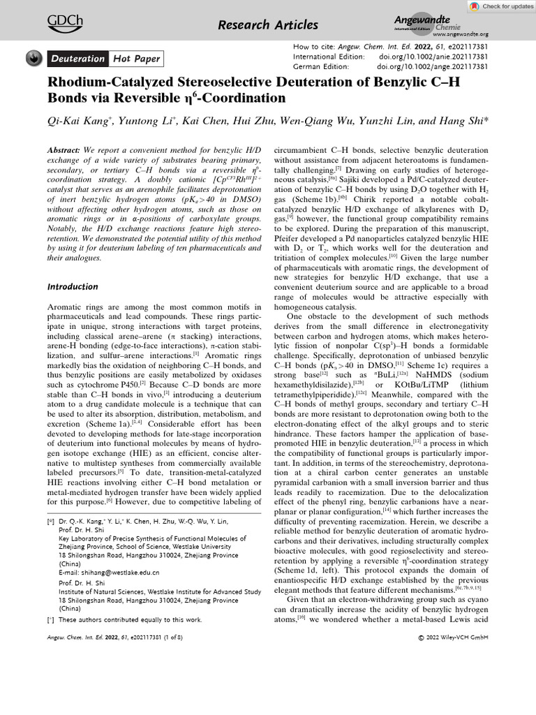 Angew Chem Int Ed - 2022 - Kang - Rhodium Catalyzed Stereoselective Deuteration of Benzylic C H ...