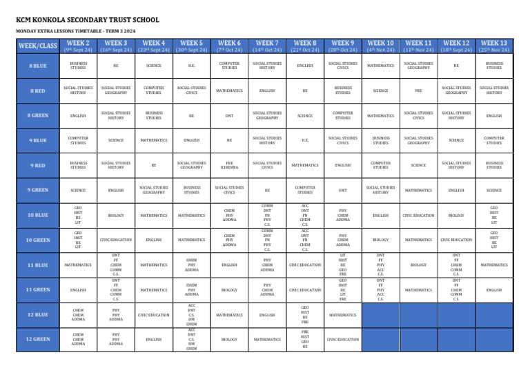Monday Afternoon Lessons Timetable Term 3 2024 | PDF