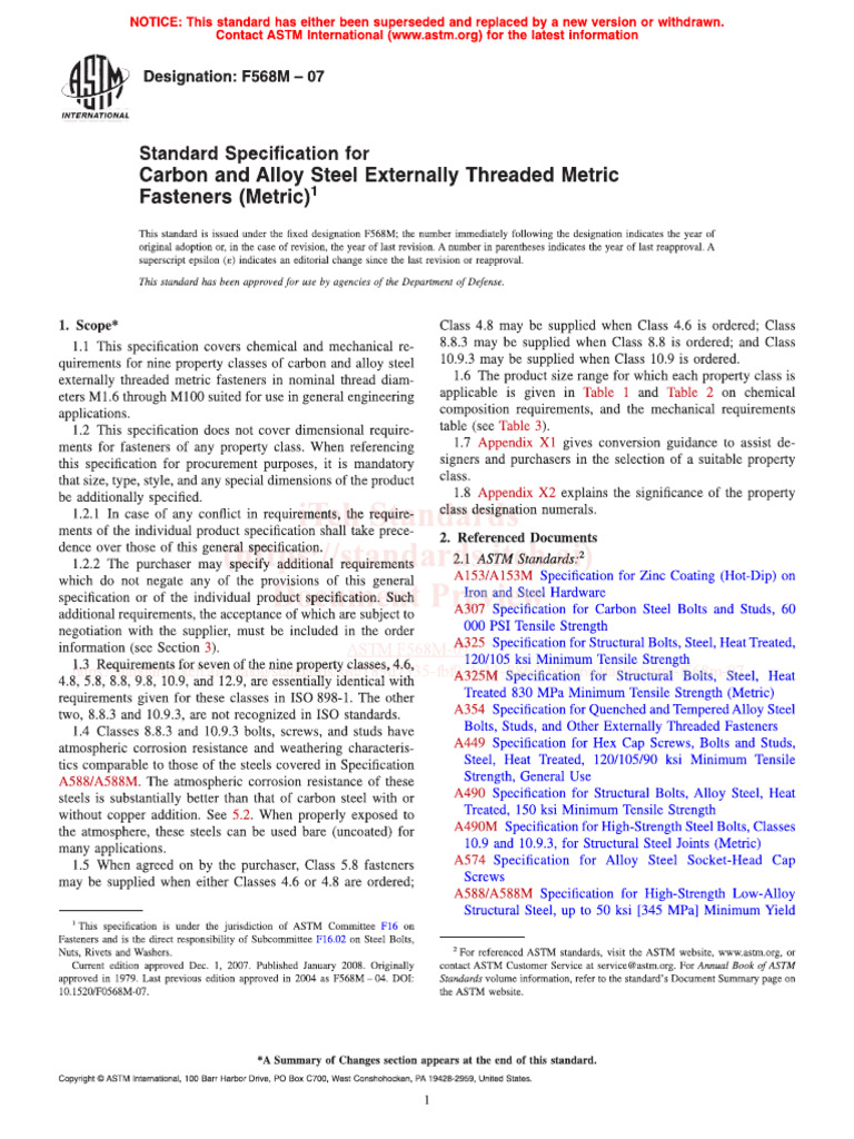 ASTM-F568M-07 - Carbon and Alloy Steel Externally Threaded Metric Fasteners (Metric) - CL 8.8 | PDF