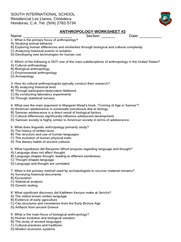 Anthropology Worksheet #2 | PDF | Anthropology | Cultural Anthropology