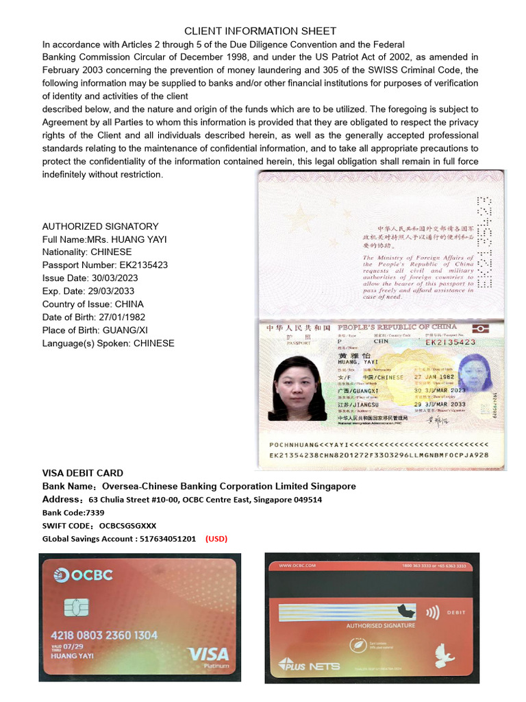 Ocbc-Huang Yayi-Client Information Sheet-Visa Debit Card | PDF