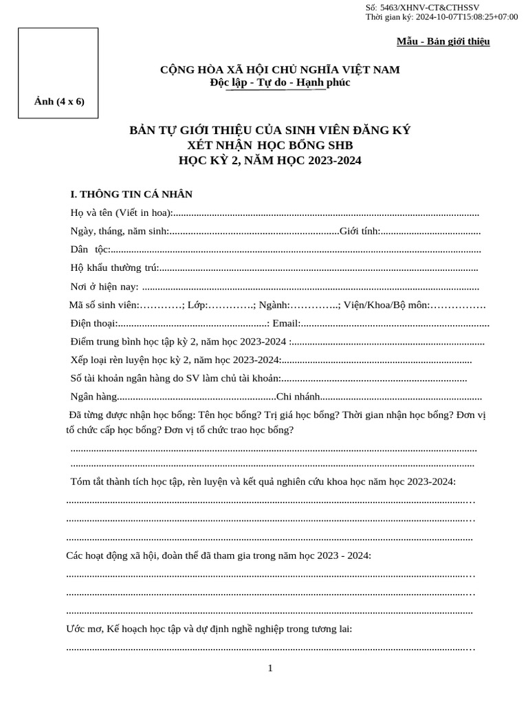 Signed.2024 Mau Gioi Thieu Ve SV HB SHB | PDF