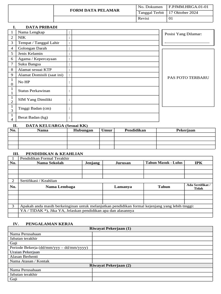 Formulir Data Pelamar Kerja | PDF