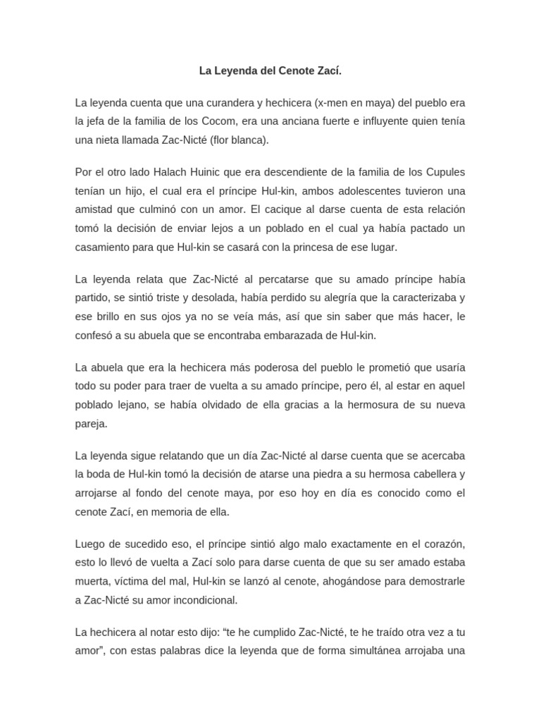 Leyenda del Cenote Zací: Amor y Tragedia | PDF