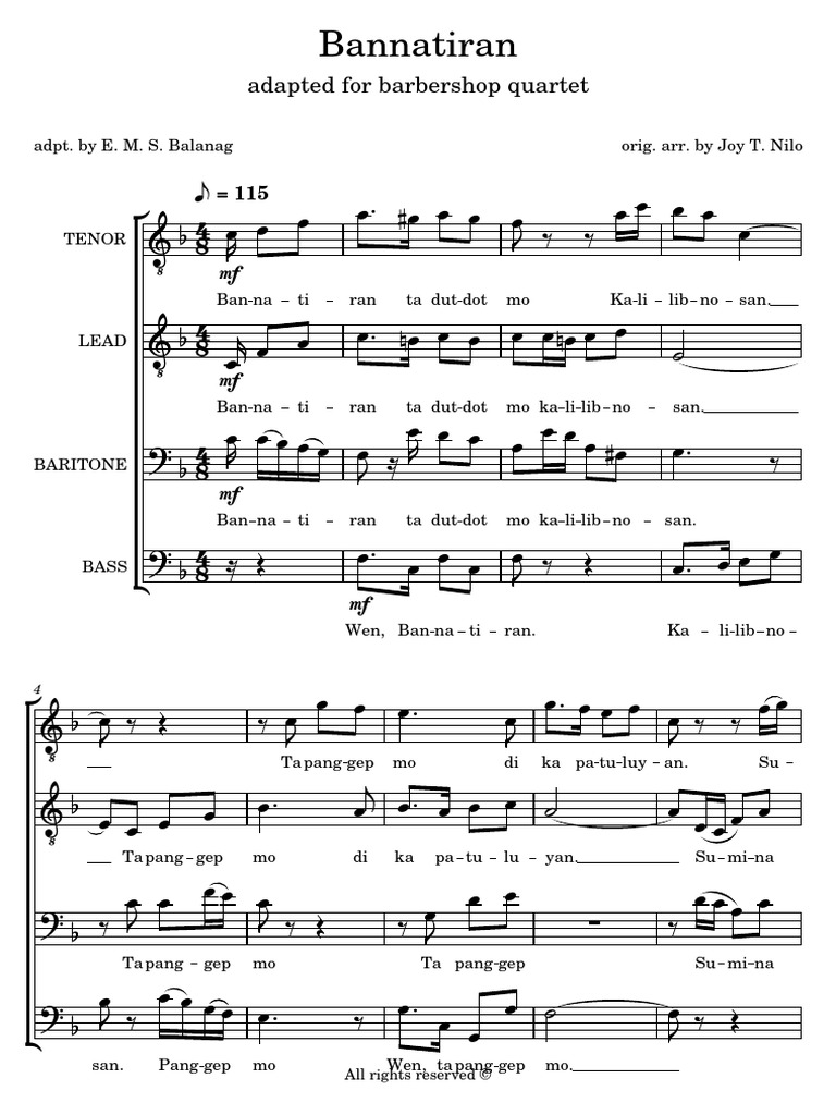 Bannatiran Arr For Barbershop Quartet | PDF