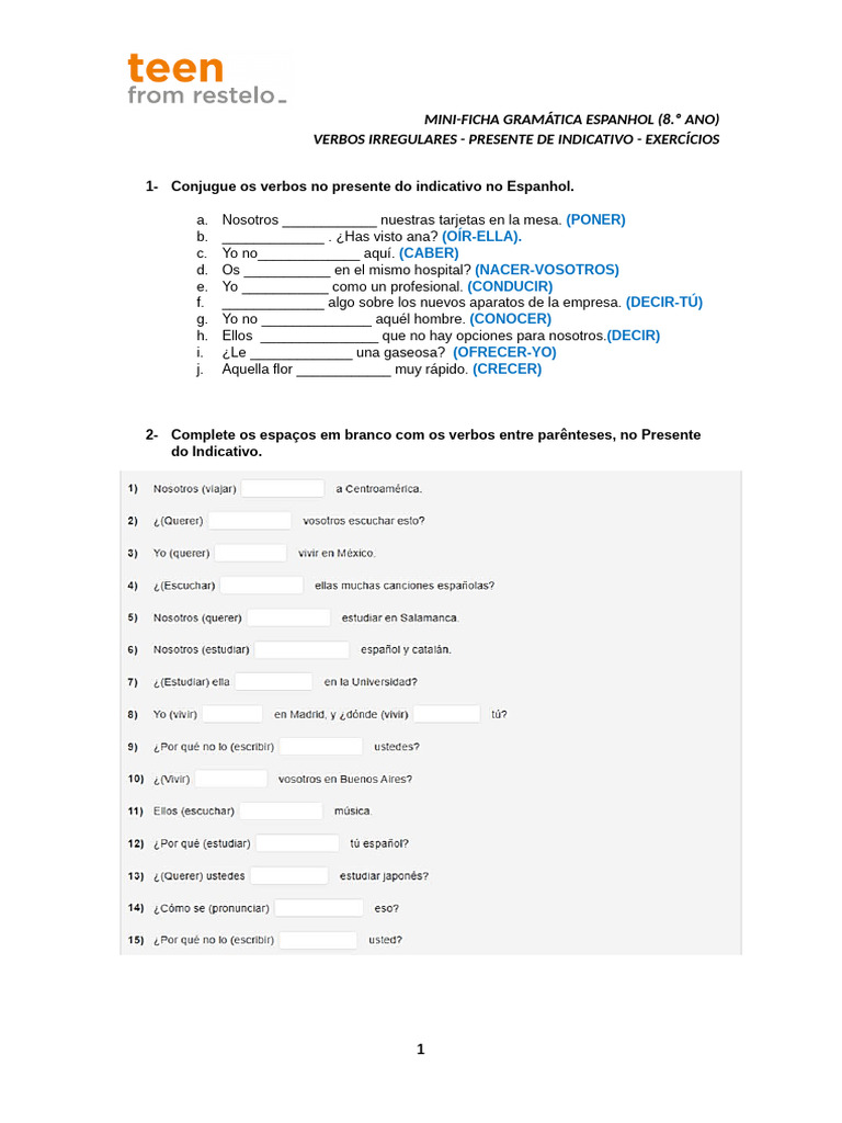 Mini-Ficha Gramática Espanhol (8.º Ano) | PDF | Artes del Lenguaje y ...