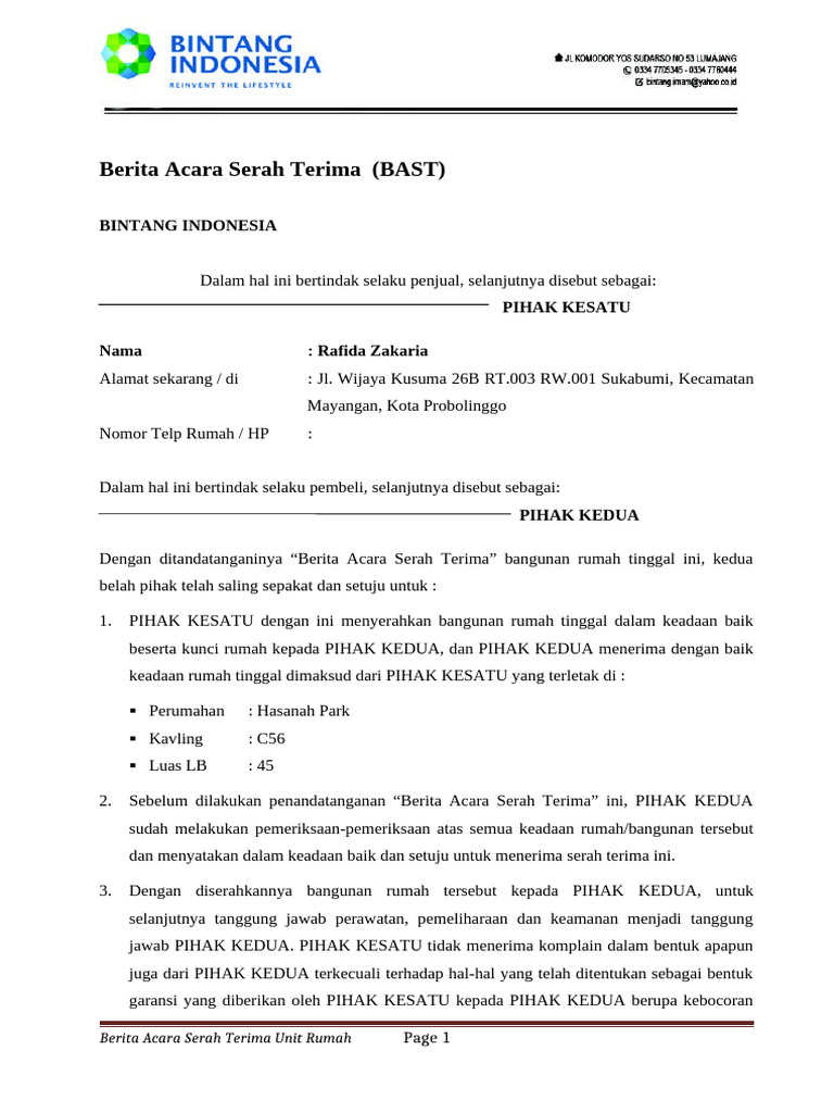 BAST Penyerahan Rumah Rafida Zakaria | PDF